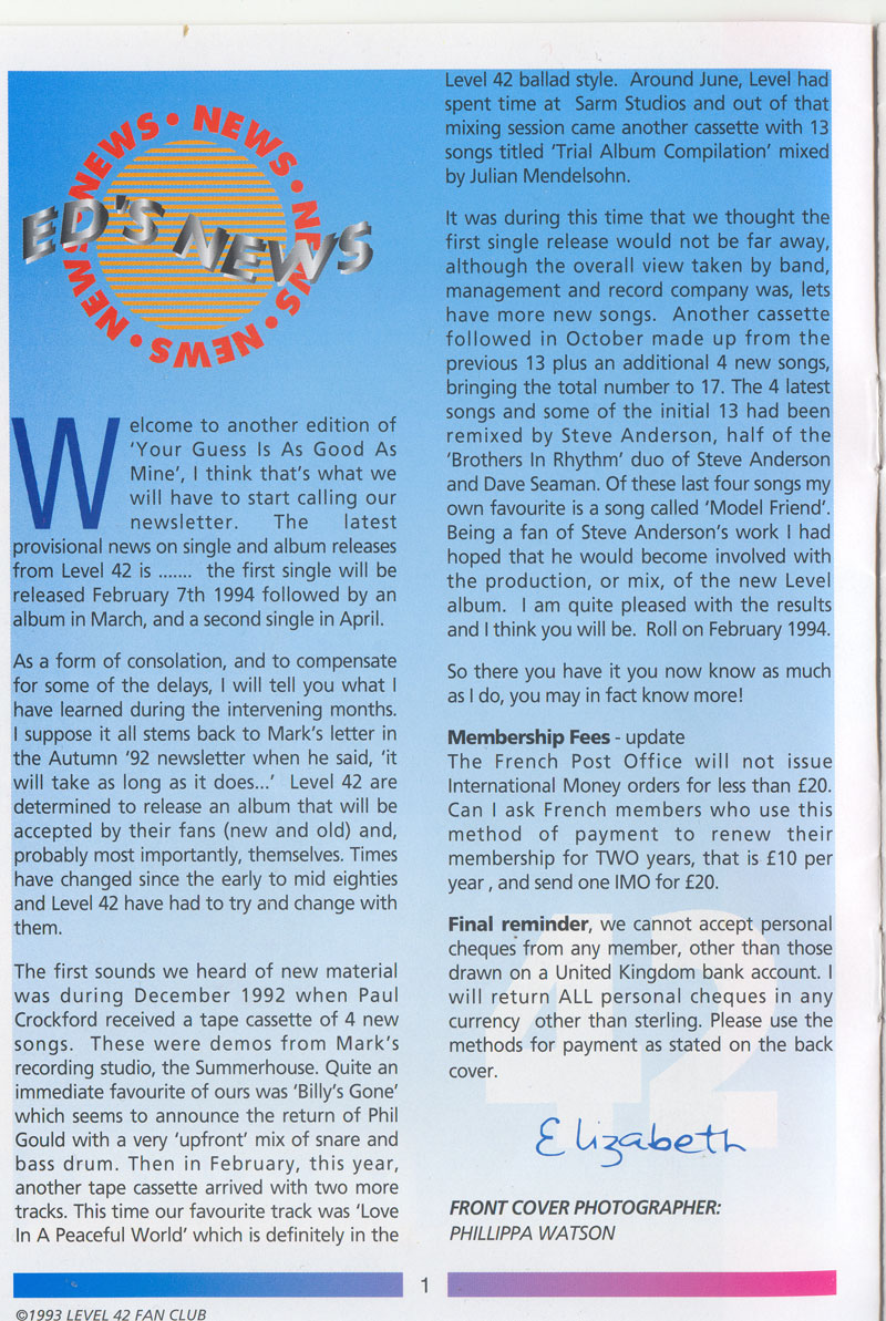 Fan Club Newsletter Autumn 1993